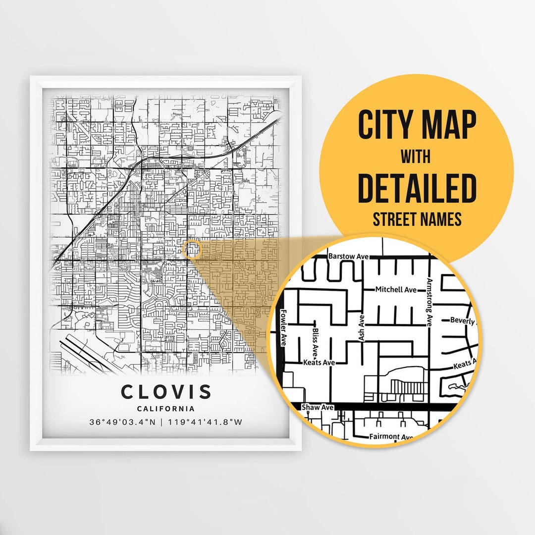 Printable Map of Clovis, California, USA With Street Names - Instant Download \ City Map ...
