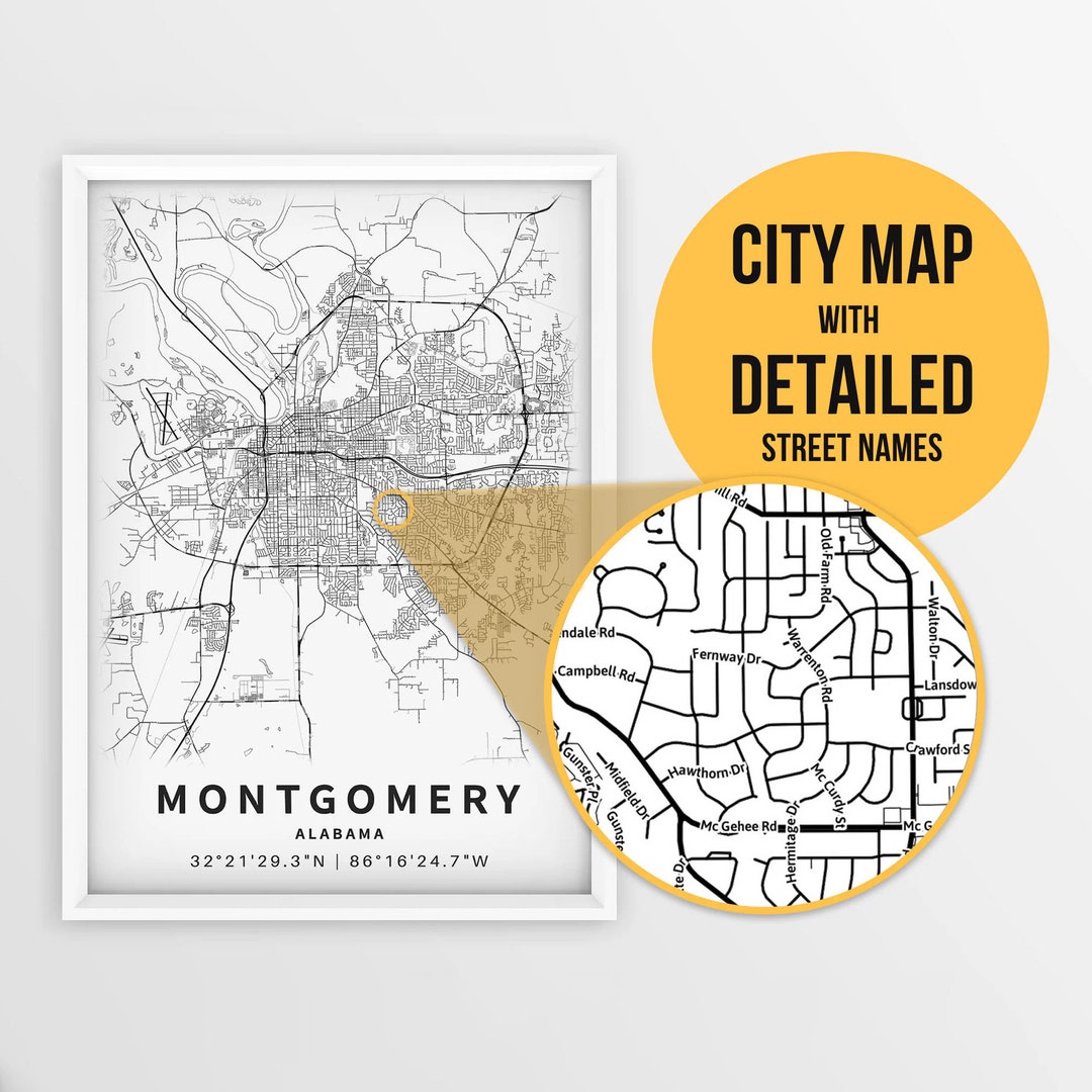 Printable Map of Montgomery, Alabama, USA With Street Names - Instant ...
