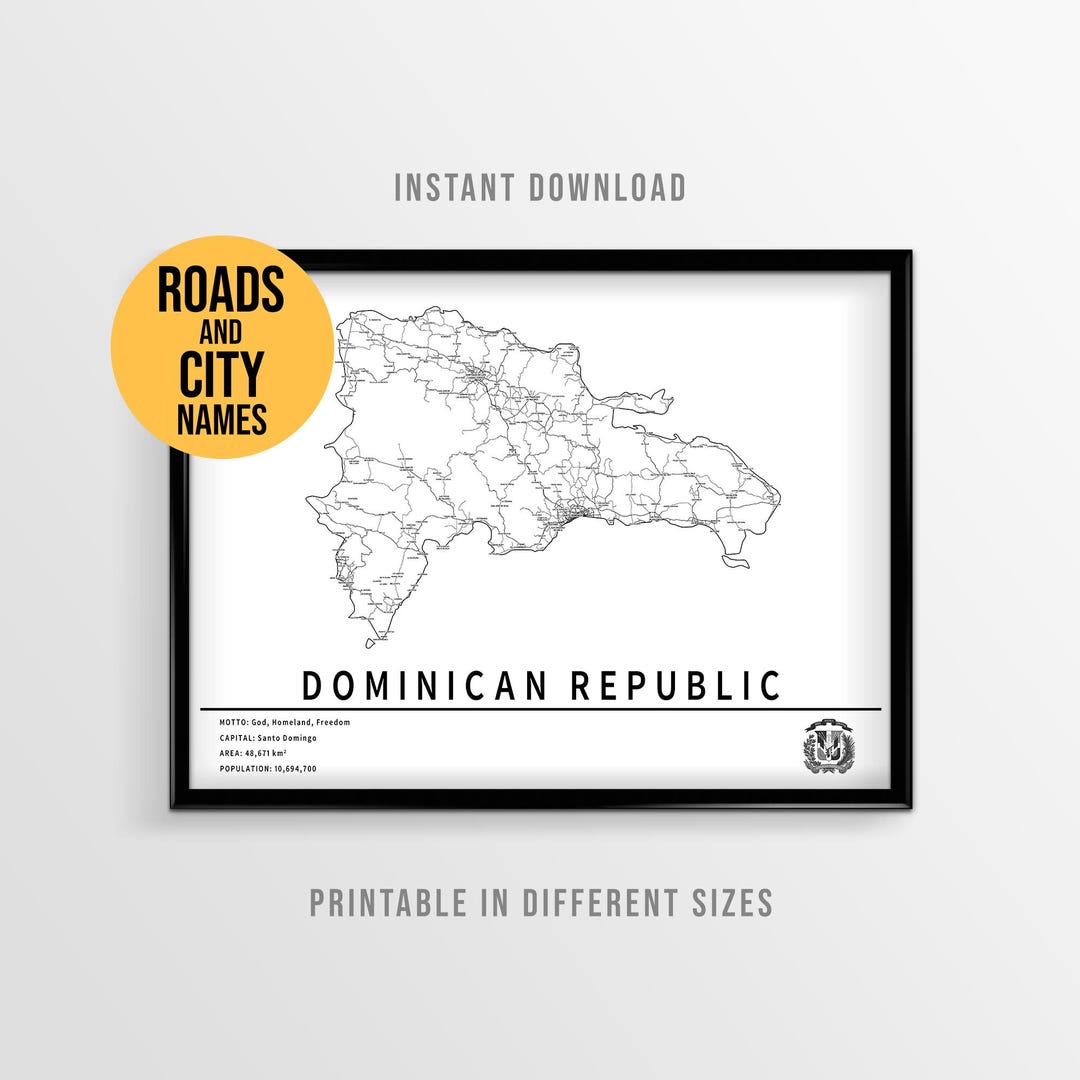 Dominican Republic Map Poster, Printable Road Map With City Names ...