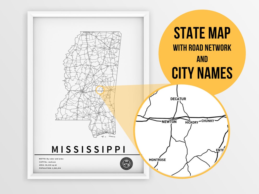 Printable Map of Mississippi United States With City and Roads - Etsy