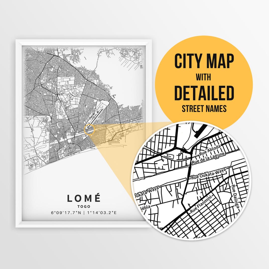 Printable Map of Lome, Togo With Street Names - Instant Download \ City ...