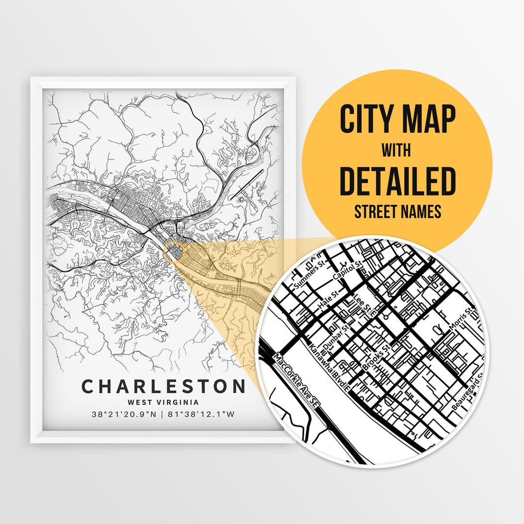 Printable Map of Charleston, West Virginia, USA With Street Names ...