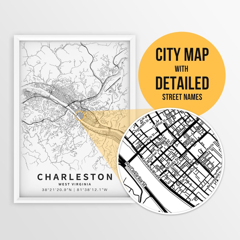 Printable Map of Charleston, West Virginia, USA With Street Names ...