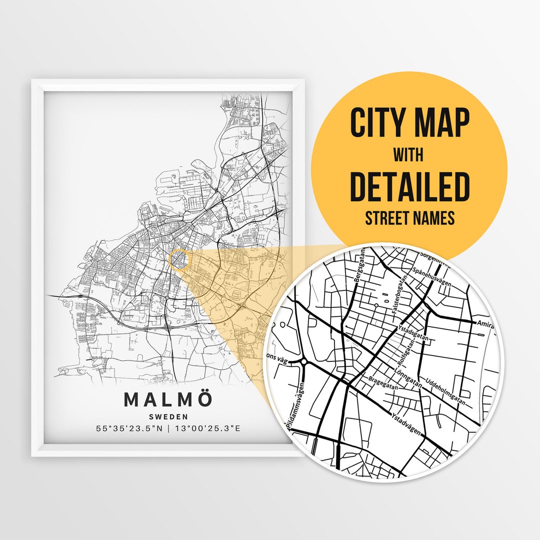 Printable Map of Malmo, Sweden With Street Names - Instant Download ...