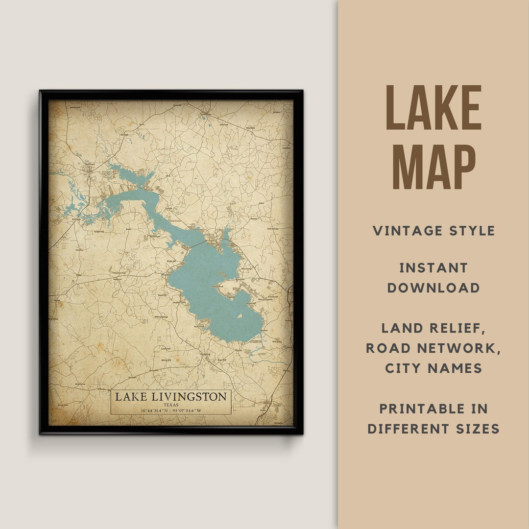 Vintage Style Map of Lake Livingston, Texas, USA With City Names ...