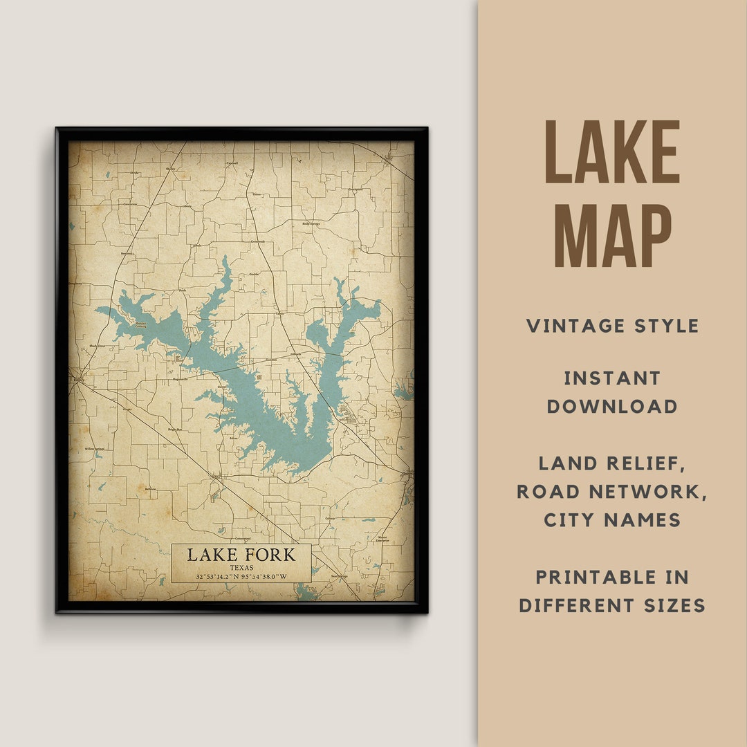 Vintage Style Map of Lake Fork Reservoir, Texas USA With City Names ...