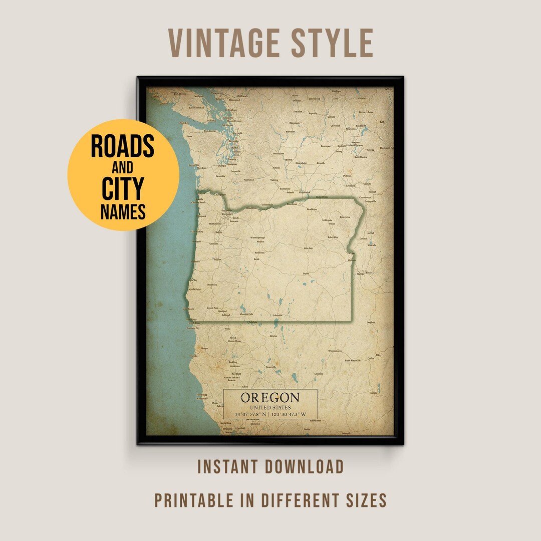 Oregon Vintage Style Map With Roads and City Names, Printable Poster ...