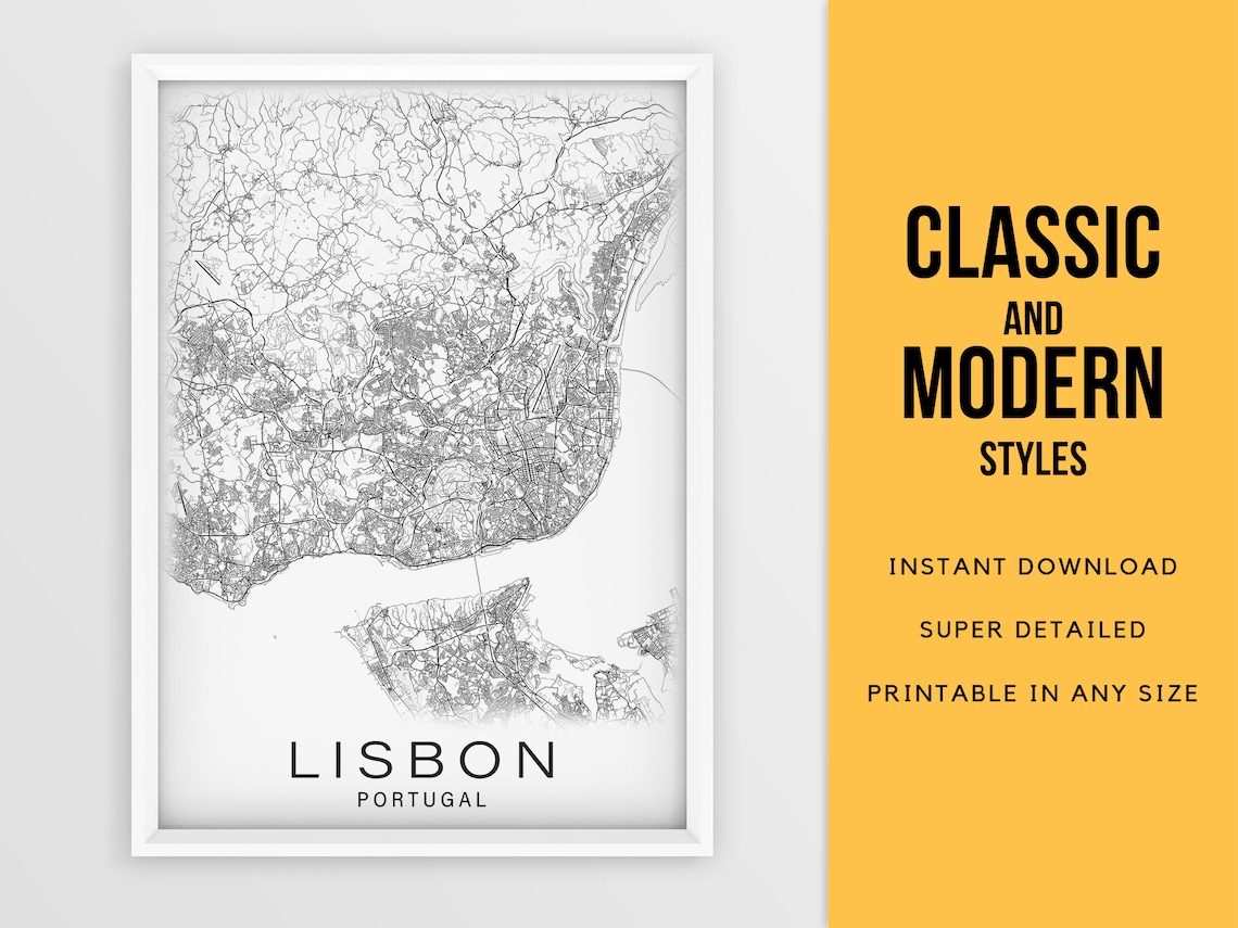 Printable Map of Lisbon Portugal Instant Download City | Etsy