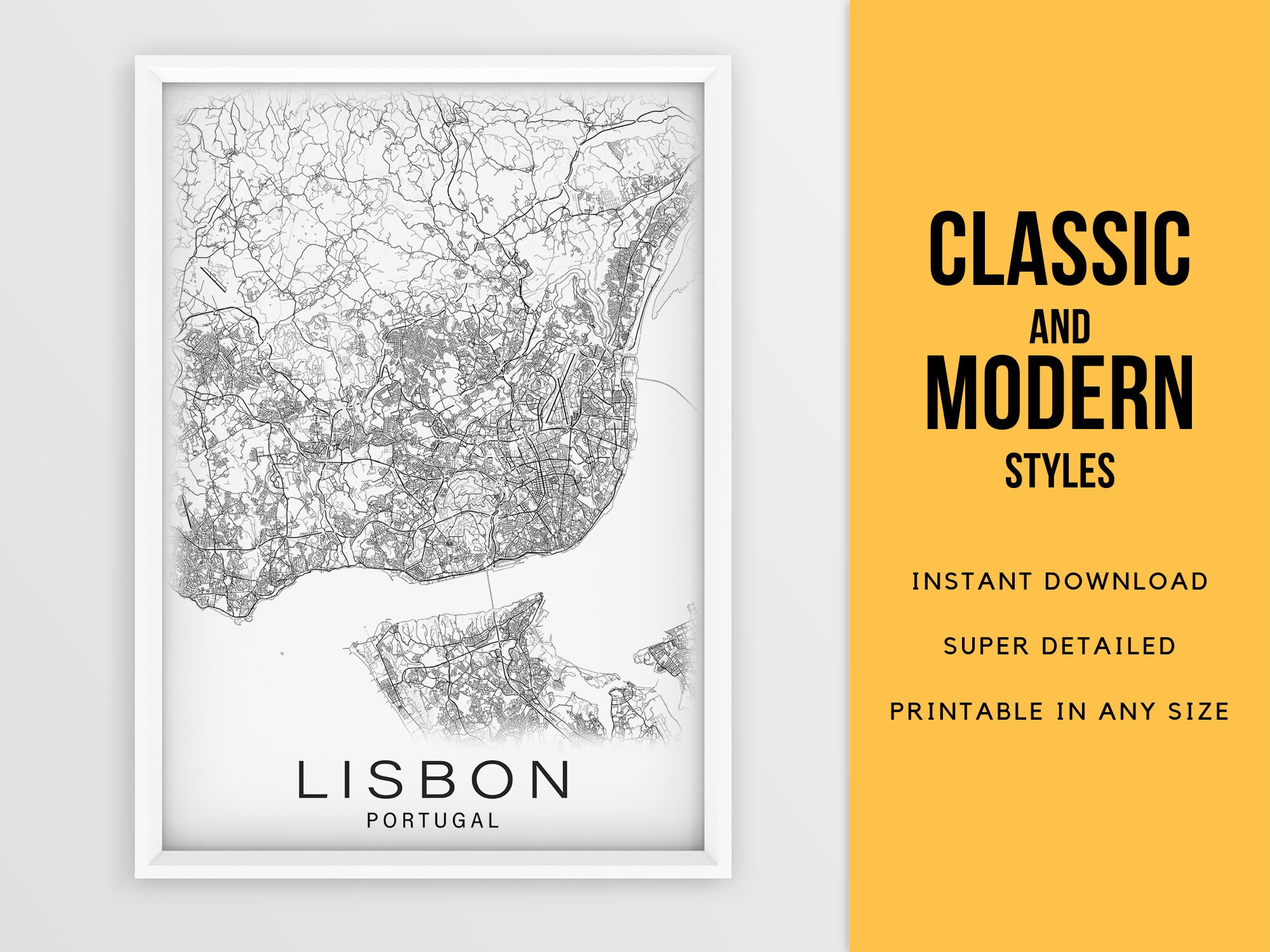 Printable Map of Lisbon Portugal Instant Download City | Etsy