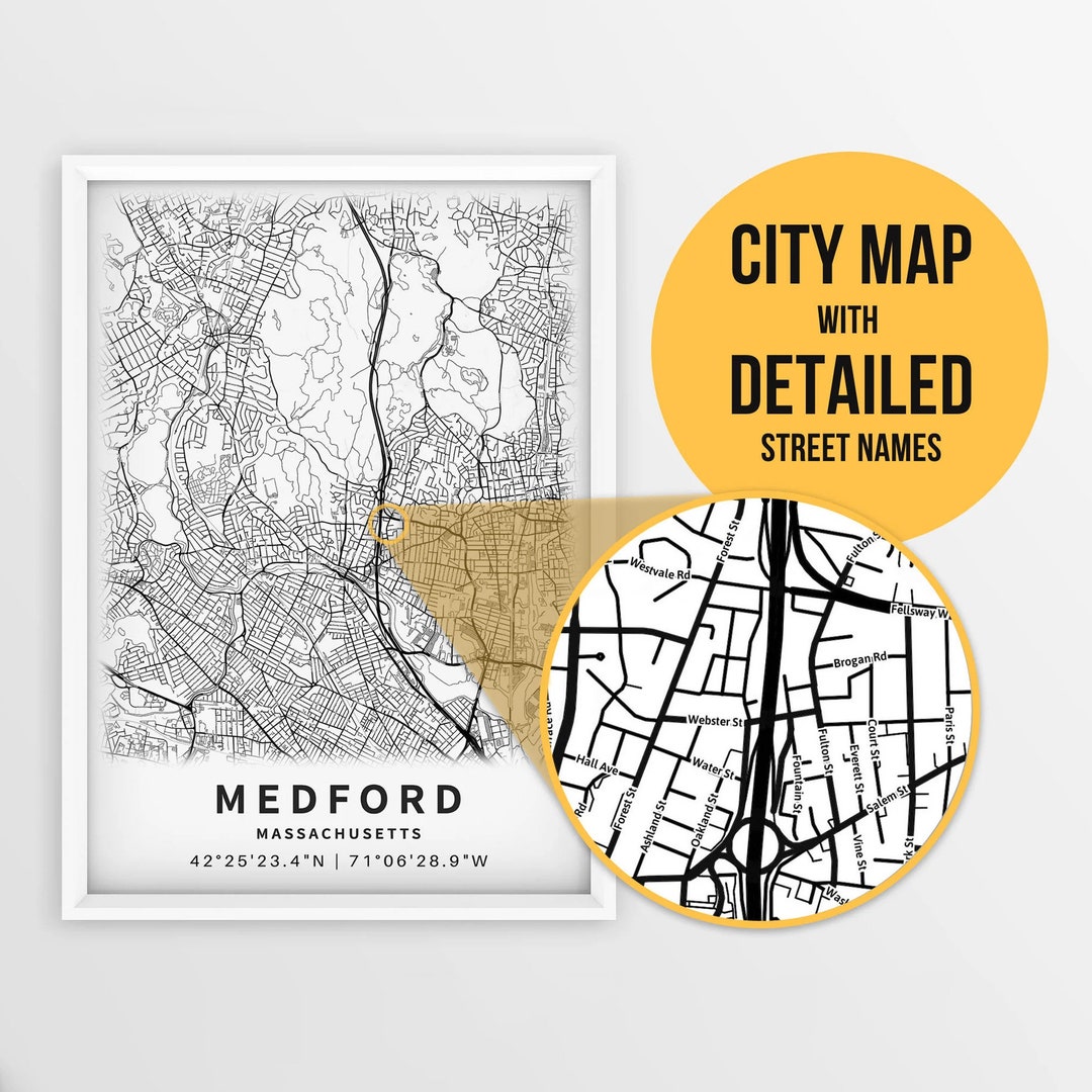 Printable Map of Medford, Massachusetts, USA With Street Names ...