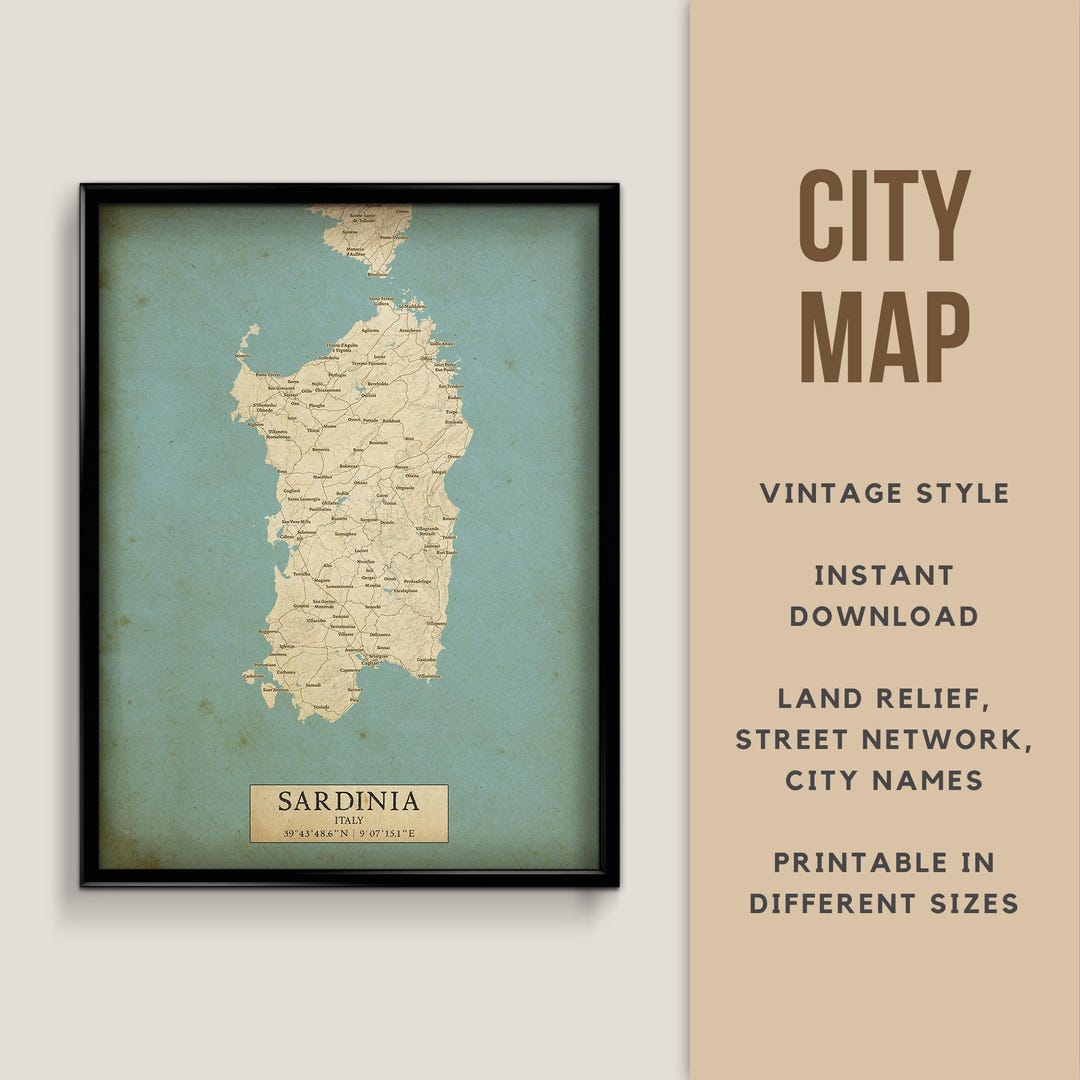 Printable Vintage Style Map of Sardinia, Italy - Instant Download ...