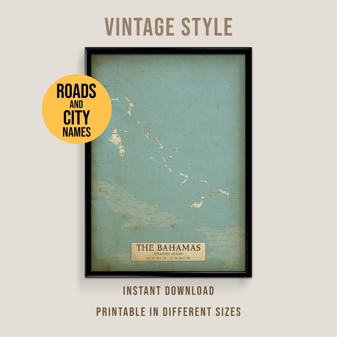 The Bahamas Vintage Style Map With Roads and City Names, Printable ...