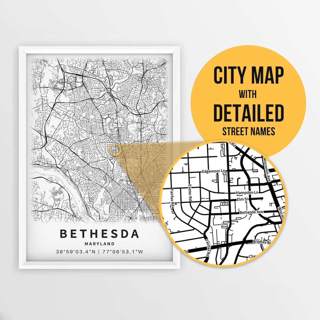 Printable Map of Bethesda, Maryland, USA With Street Names Instant ...
