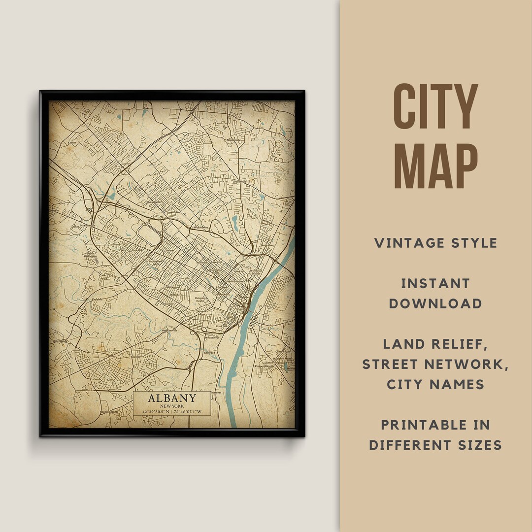 Vintage Style Map of Albany, New York, USA - Instant Download \ City ...