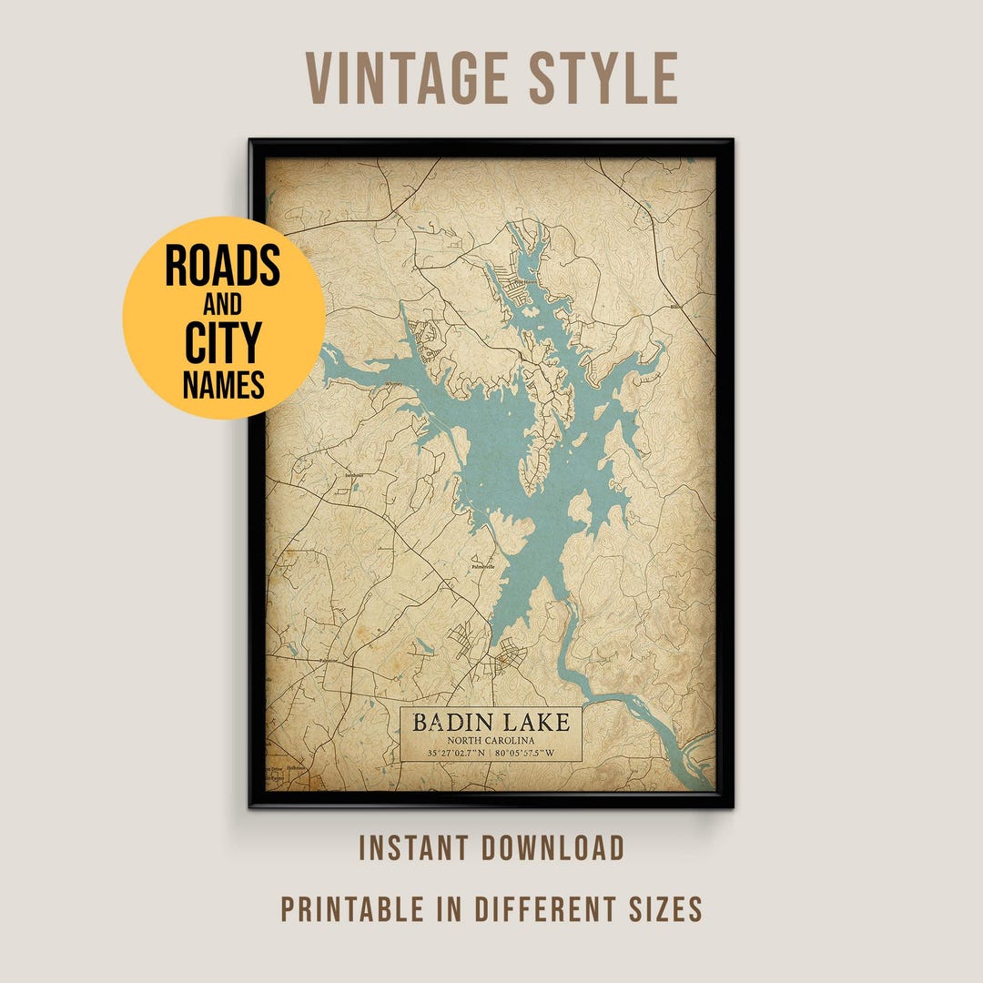 Badin Lake Vintage Style Map, Printable North Carolina Lake House ...