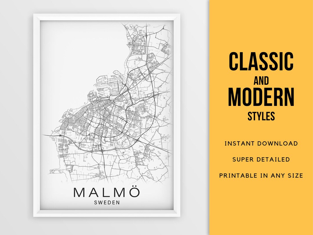 Printable Map of Malmö, Sweden Malmo Instant Download City Map Wall Art ...