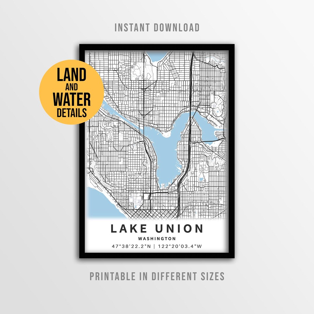 Lake Union Map Poster, Seattle Washington Printable Lake House Decor ...