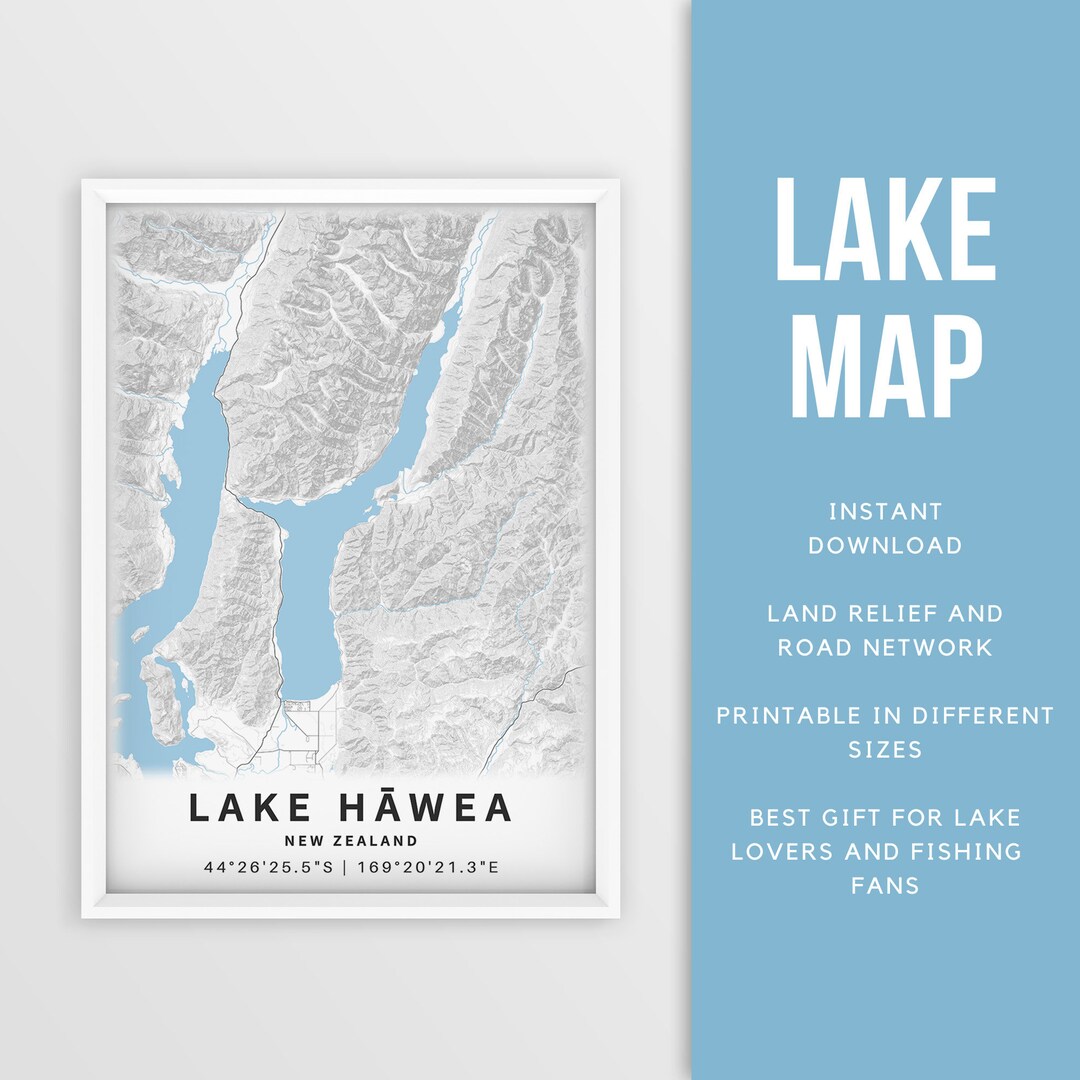 Printable Map of Lake Hāwea, Otago, New Zealand - Instant Download ...