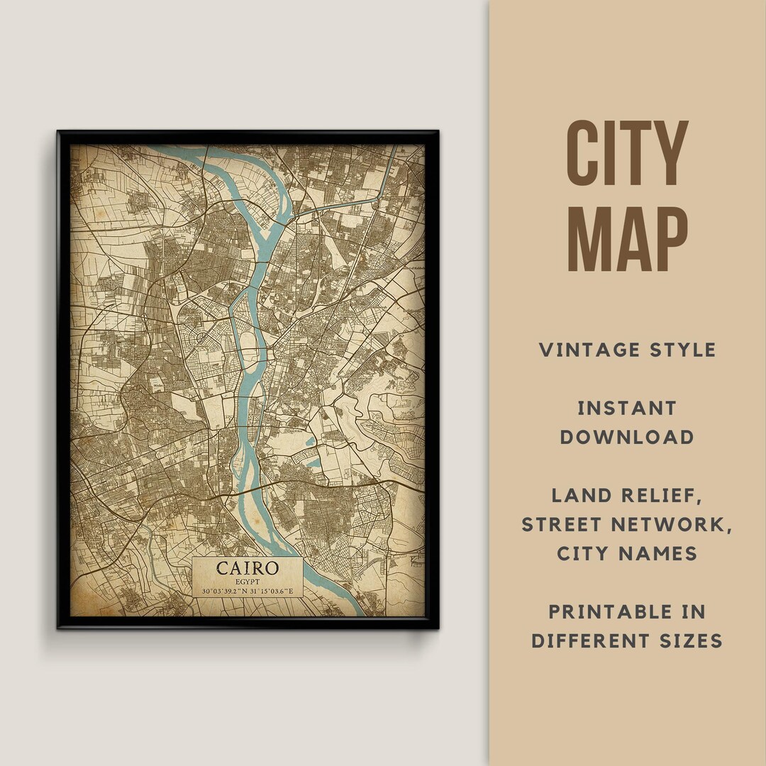 Printable Vintage Style Map of Cairo, Egypt - Instant Download \ Street ...