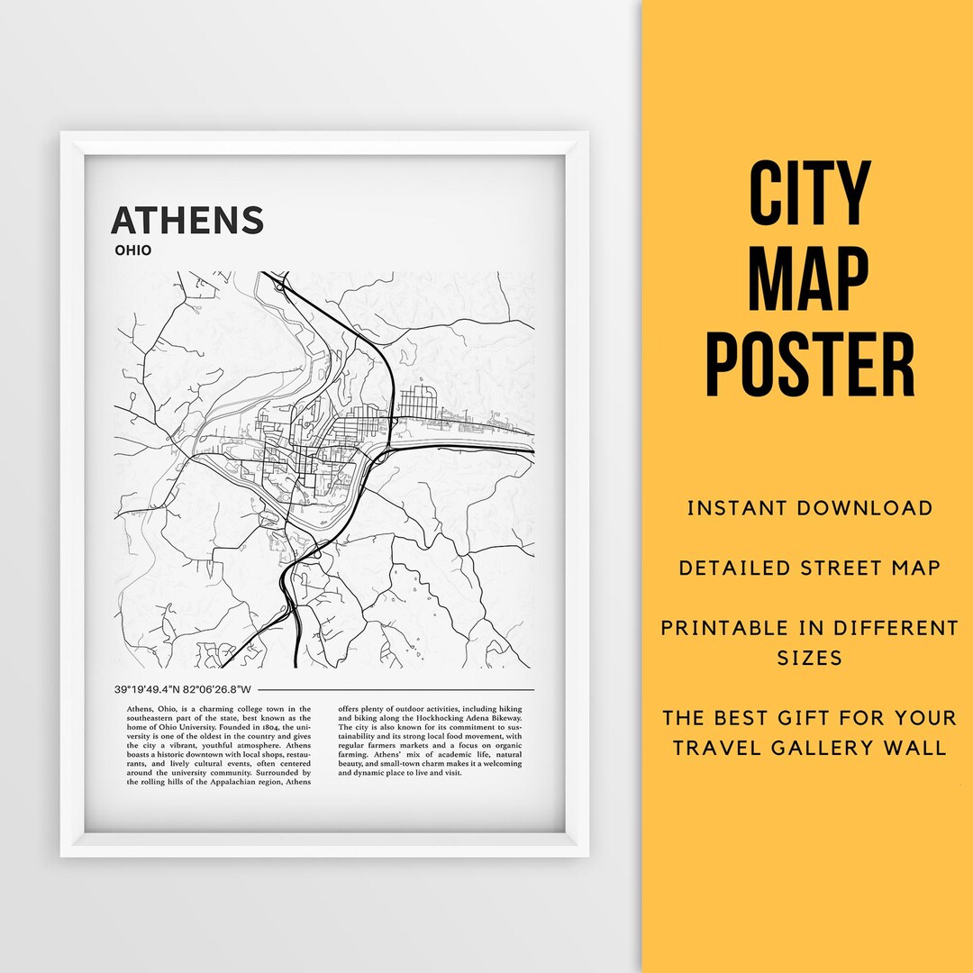 Athens, Ohio, USA Printable Map Poster Instant Download Street Map Wall ...