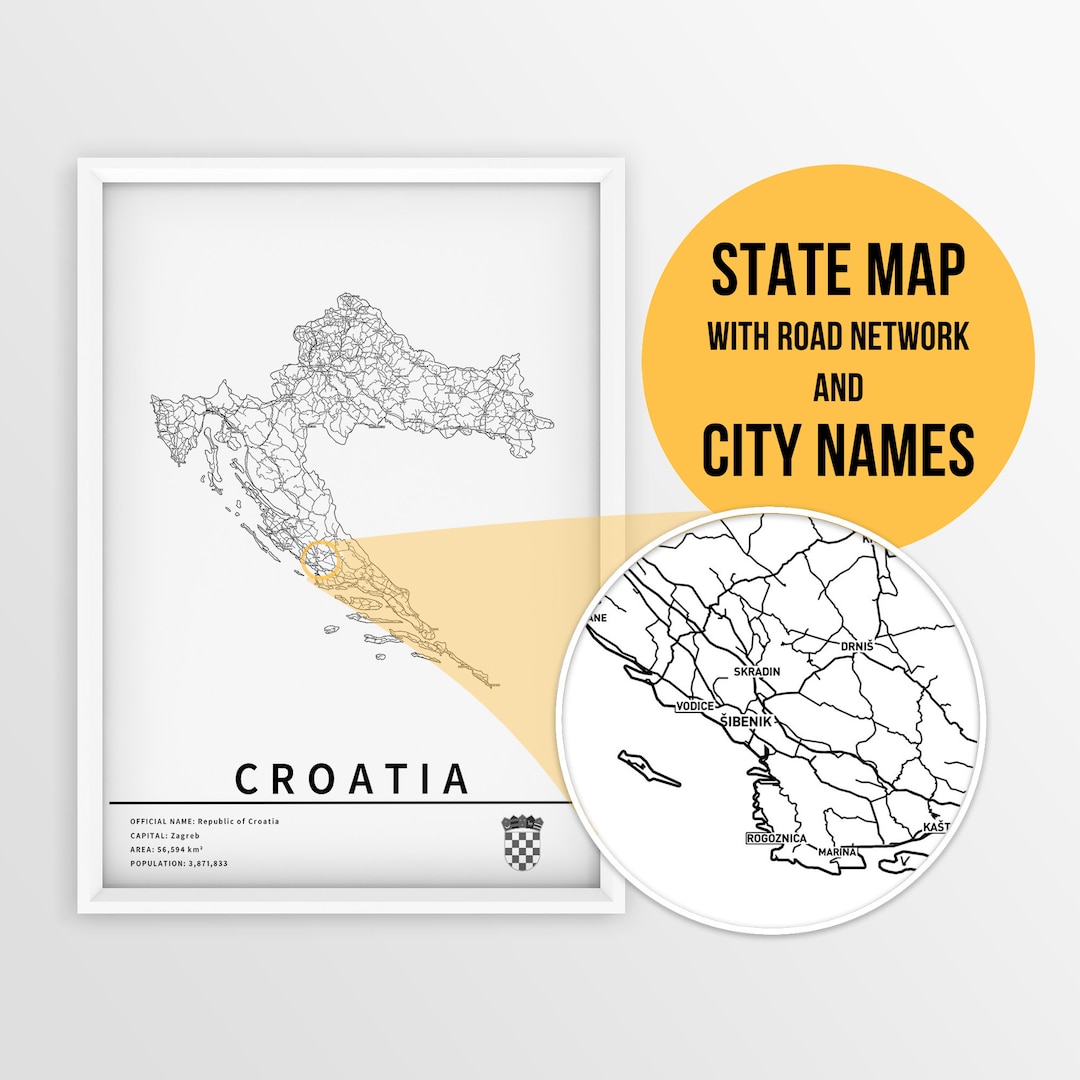 Printable Map of Croatia With City Names and Roads - Instant Download ...