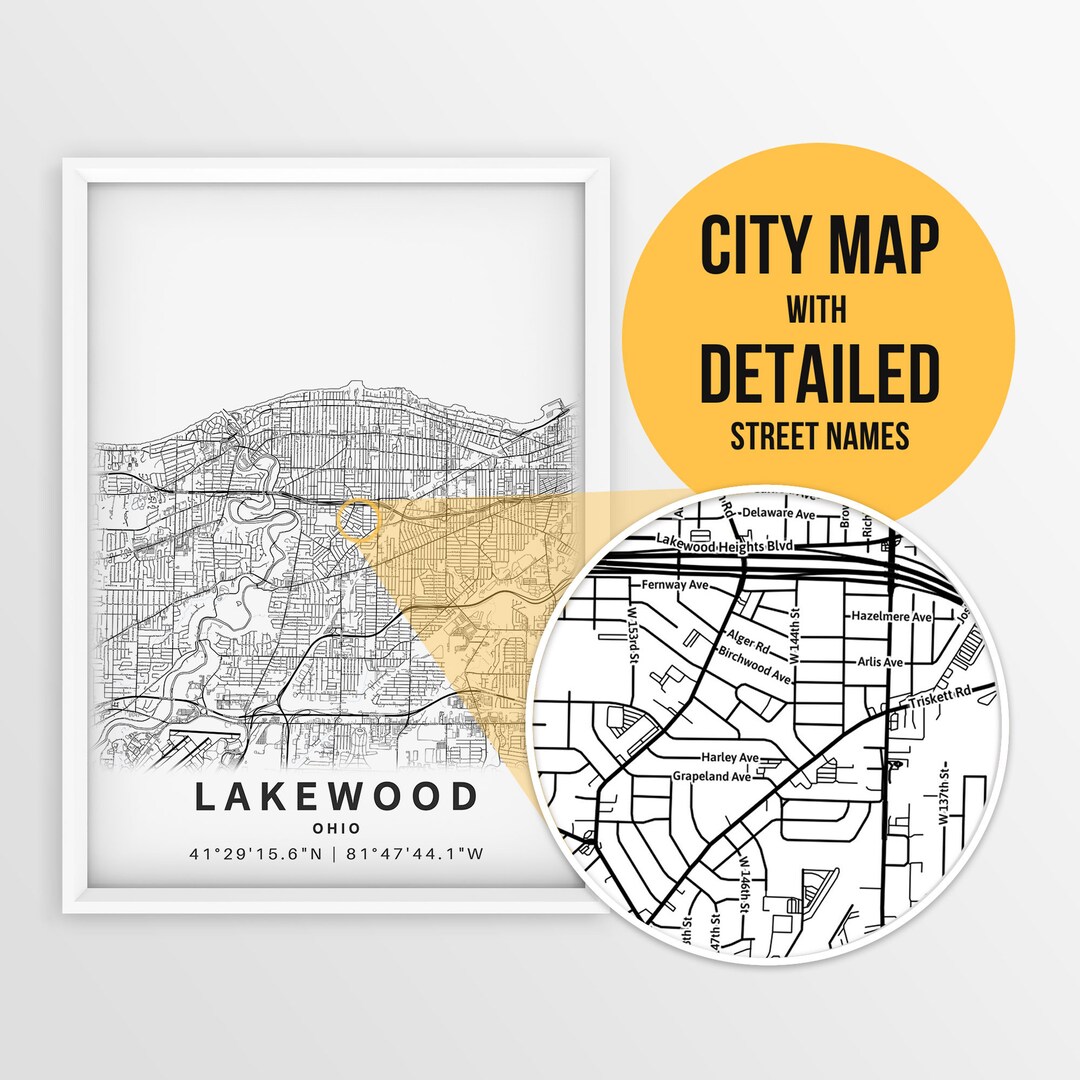 Printable Map of Lakewood, Ohio, USA With Street Names - Instant ...