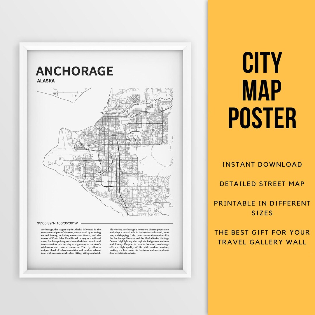 Anchorage Alaska Map, City Street Art Print, Printable Alaska Poster ...