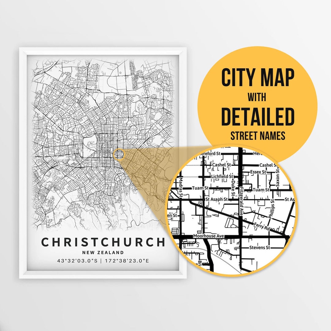 Printable Map of Christchurch, New Zealand With Street Names - Instant ...