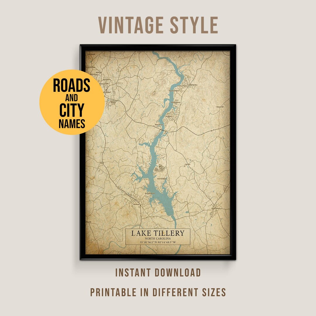 Lake Tillery Vintage Style Map, Printable North Carolina Lake Poster ...