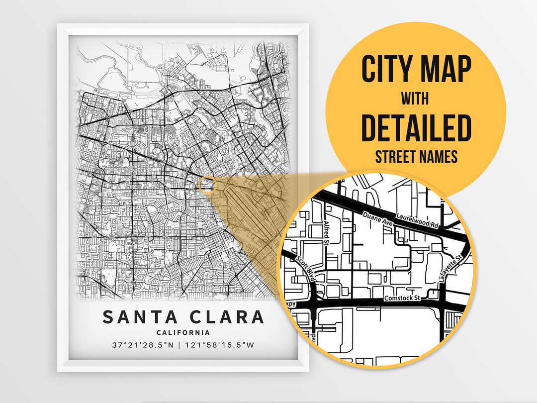 Printable Map of Santa Clara California CA United States - Etsy