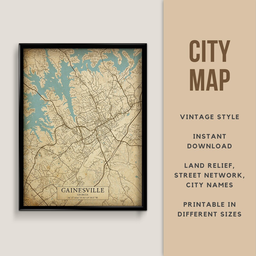 Printable Vintage Style Map of Gainesville, Georgia, USA - Instant ...