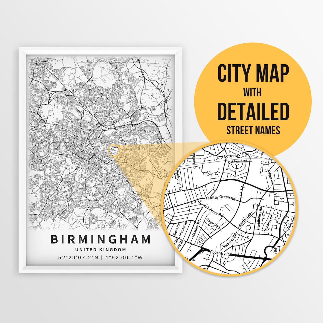 Printable Map of Birmingham, England, UK With Street Names - Instant ...