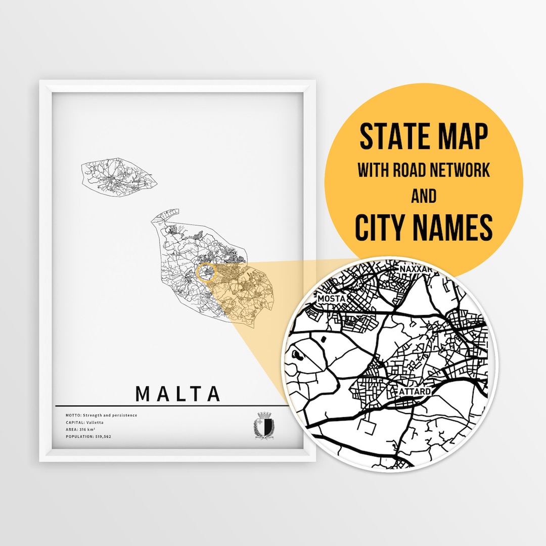 Printable Map of Malta With City Names and Roads - Instant Download ...