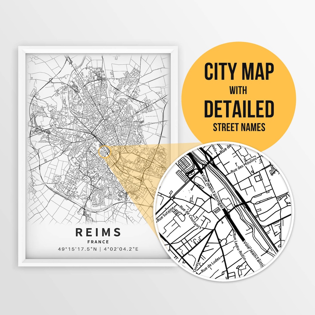 Printable Map of Reims, France With Street Names - Instant Download ...