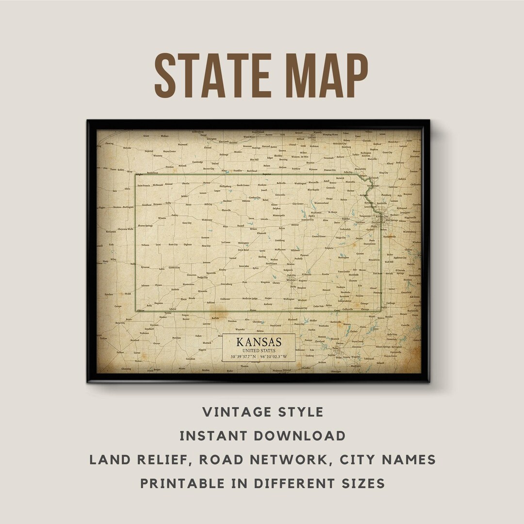 Kansas Printable Vintage Style Map Poster - Instant Download, Road Map ...