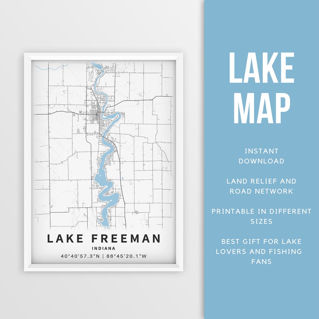 Printable Map of Lake Freeman, Indiana, US - Instant Download \ Lake ...