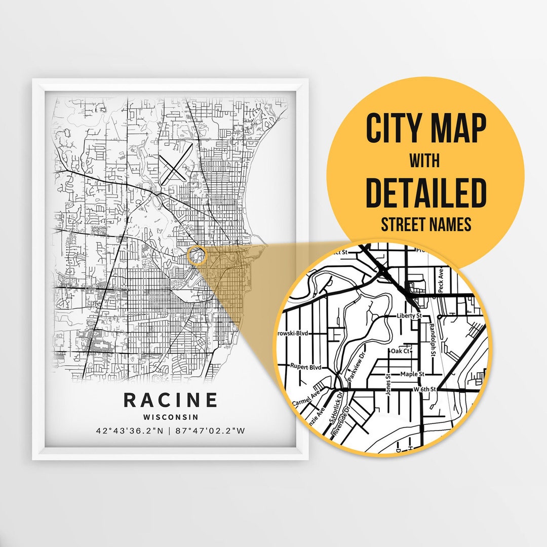 Printable Map of Racine, Wisconsin, USA With Street Names - Instant ...