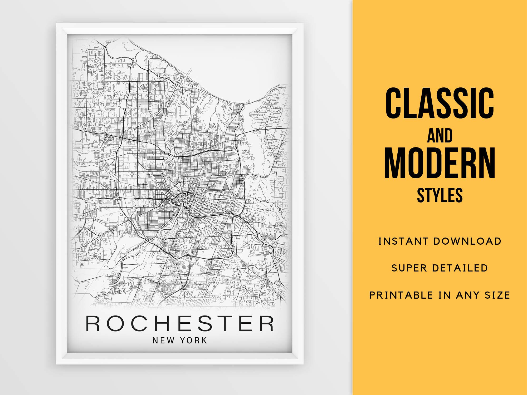 Mapa imprimible de Rochester Nueva York NY EE.UU. Descarga | Etsy