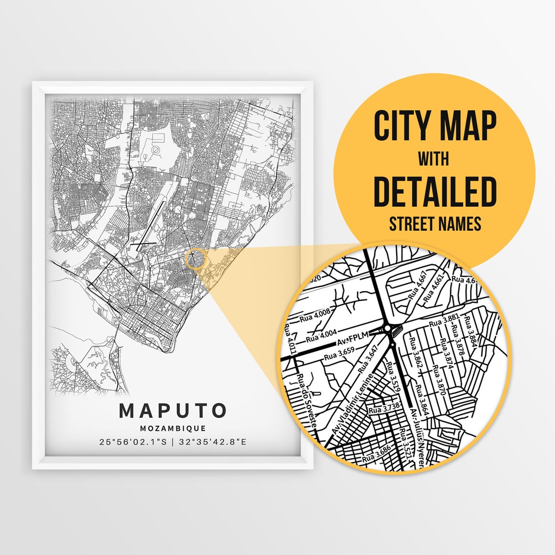 Printable Map of Maputo, Mozambique With Street Names - Instant ...