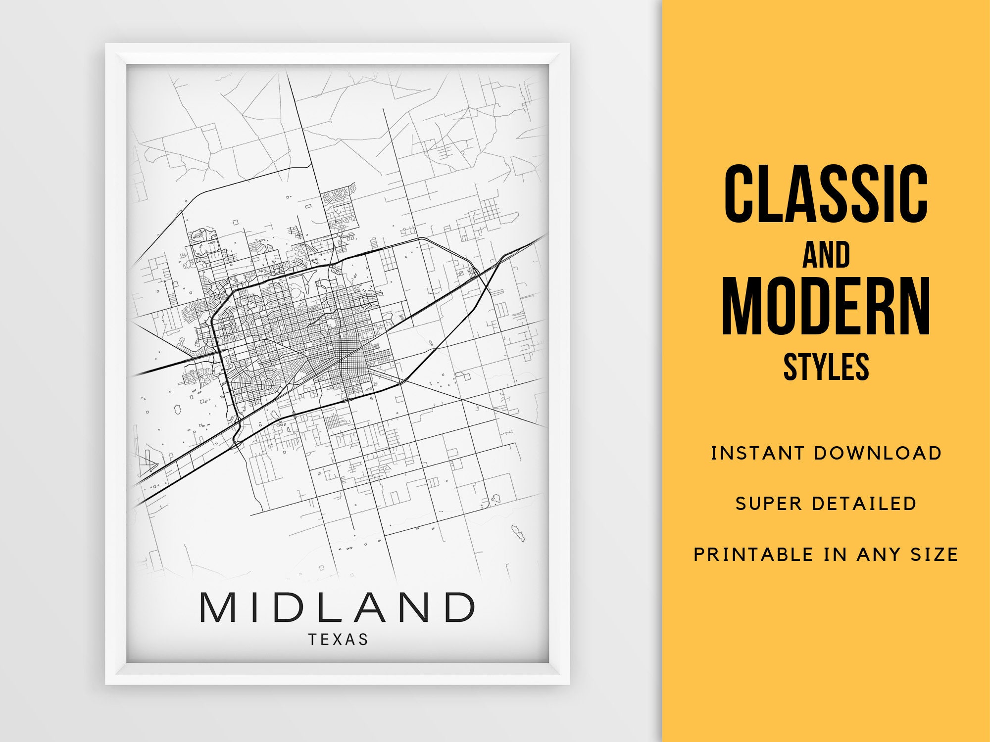 Mapa imprimible de Midland Texas Mapa de la ciudad de Estados - Etsy México