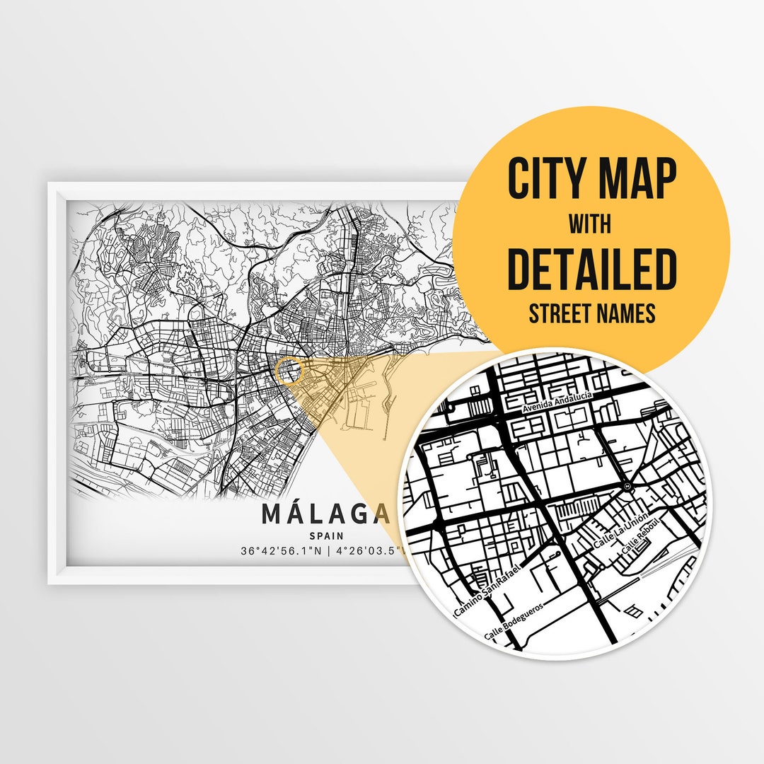 Printable Map of Malaga, Spain With Street Names - Instant Download ...
