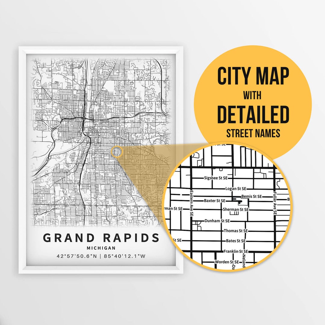 Printable Map of Grand Rapids, Michigan, USA With Street Names - Instant Download \ City Map ...