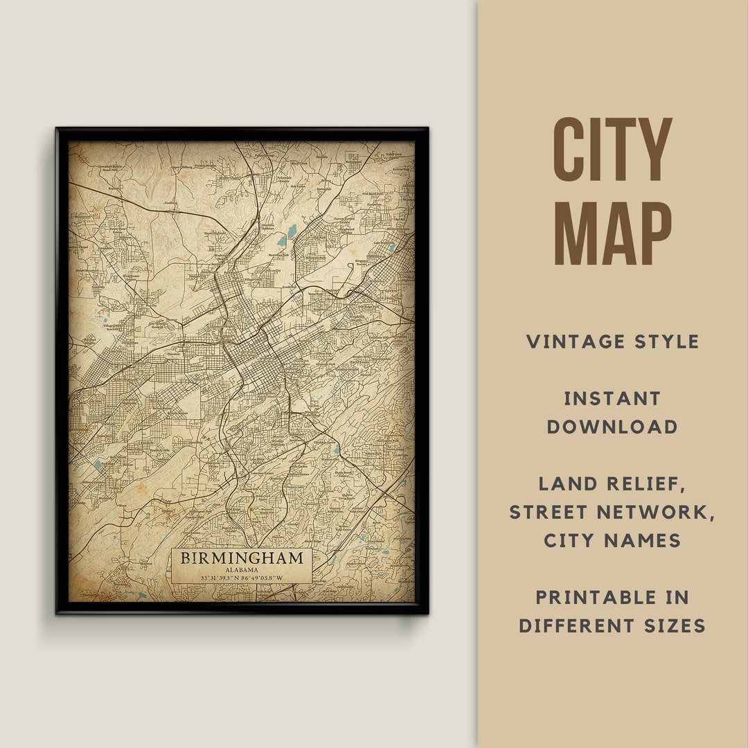 Printable Vintage Style Map of Birmingham, Alabama, USA - Instant ...
