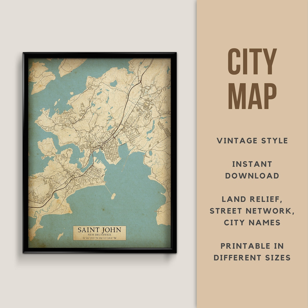 Printable Vintage Style Map of Saint John, New Brunswick, Canada ...