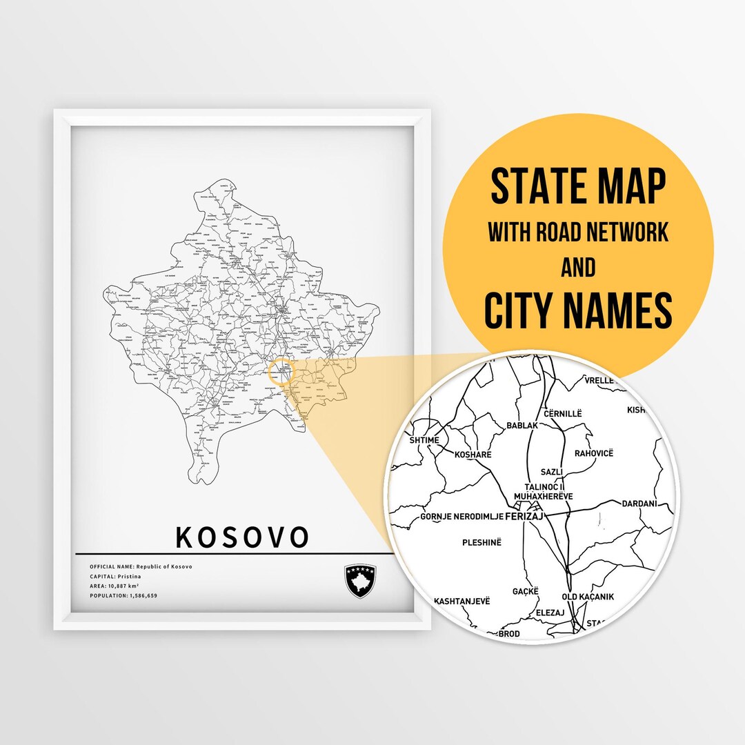 Printable Map of Kosovo With City Names and Roads - Instant Download ...