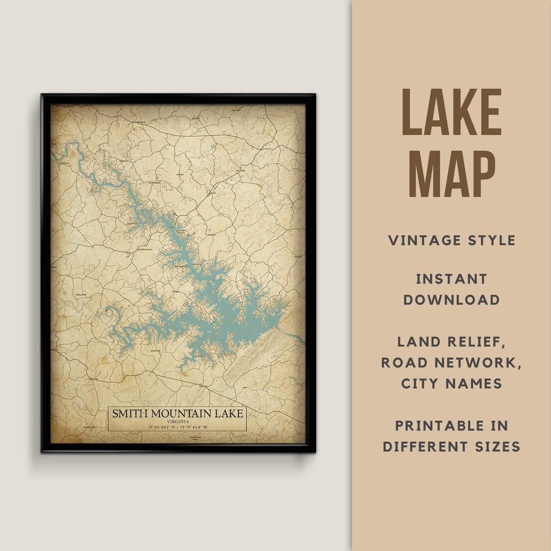 Smith Mountain Lake Vintage Style Map, Printable Virginia Lake House ...