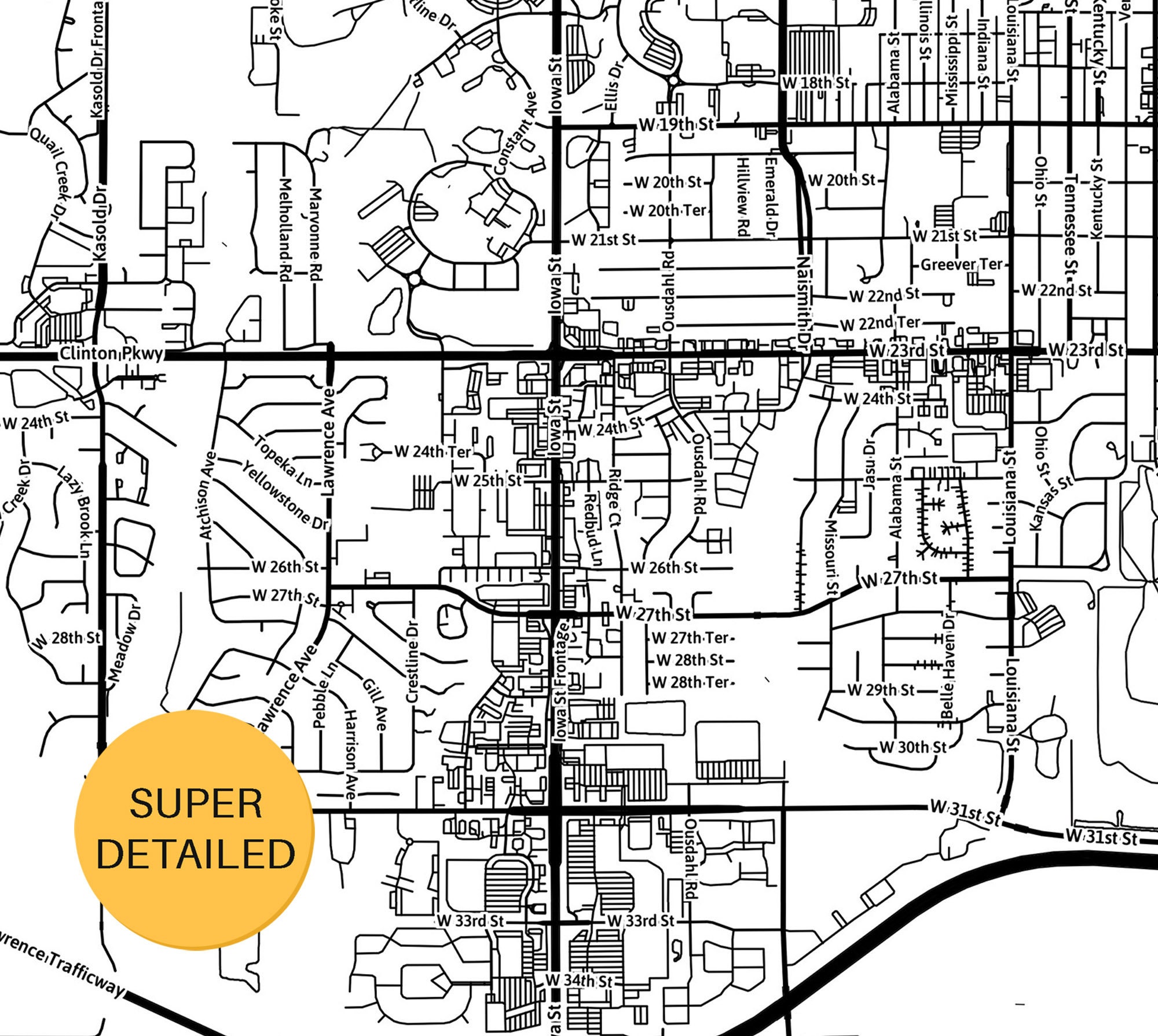 Printable Map of Lawrence, Kansas, USA With Street Names - Instant ...