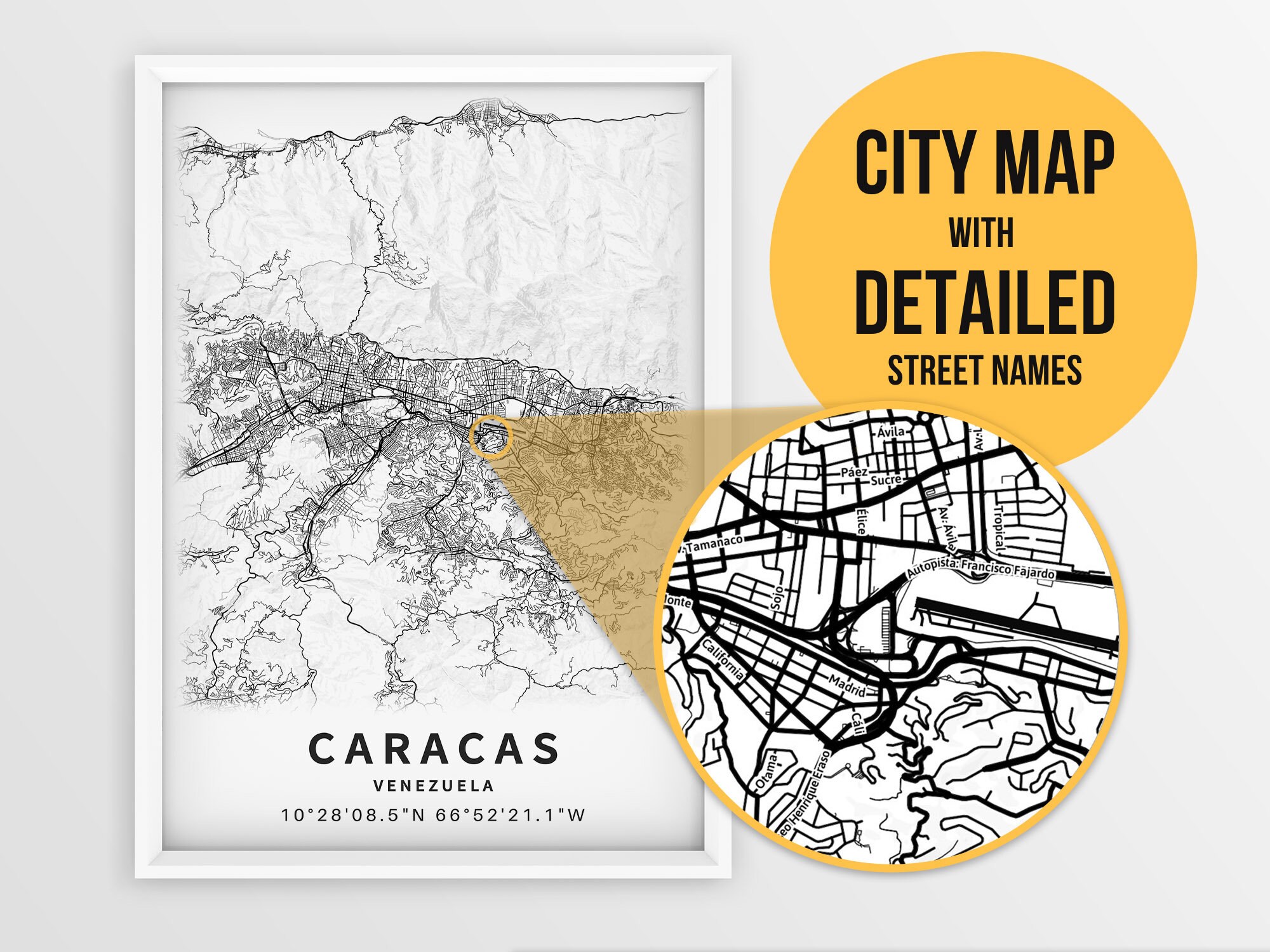 CARACAS city map Digital download black and white print of Venezuela ...