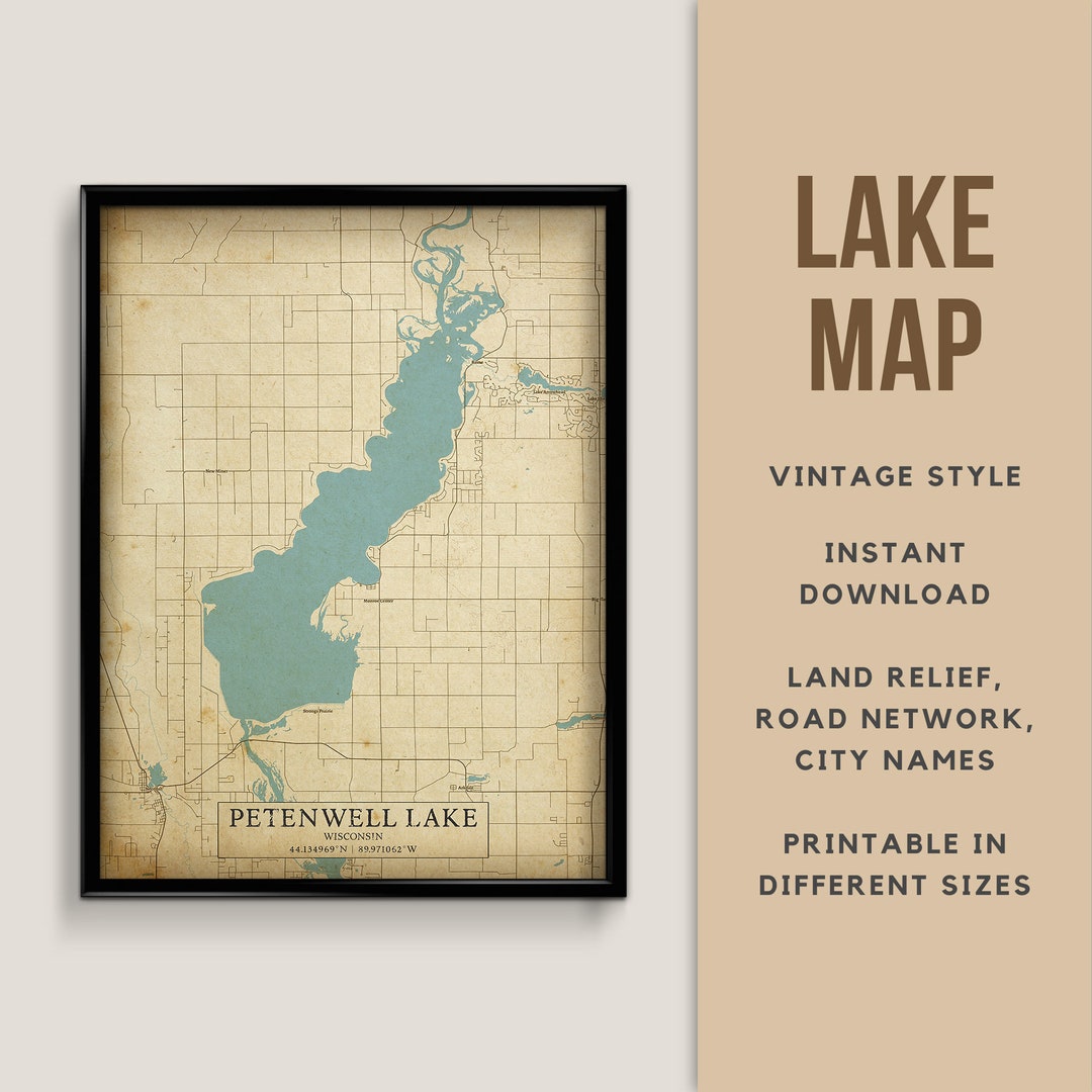 Printable Vintage Style Map of Petenwell Lake, Wisconsin, USA With City ...