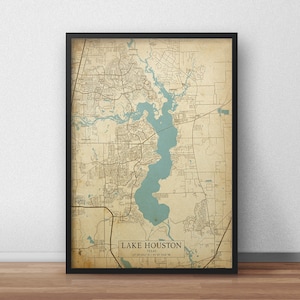 Printable Vintage Style Map of Lake Houston, Texas, USA With City Names ...